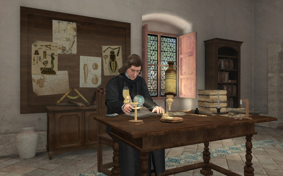 The invention of the microscope: Hooke and Leeuwenhoek - escena en 3D ...